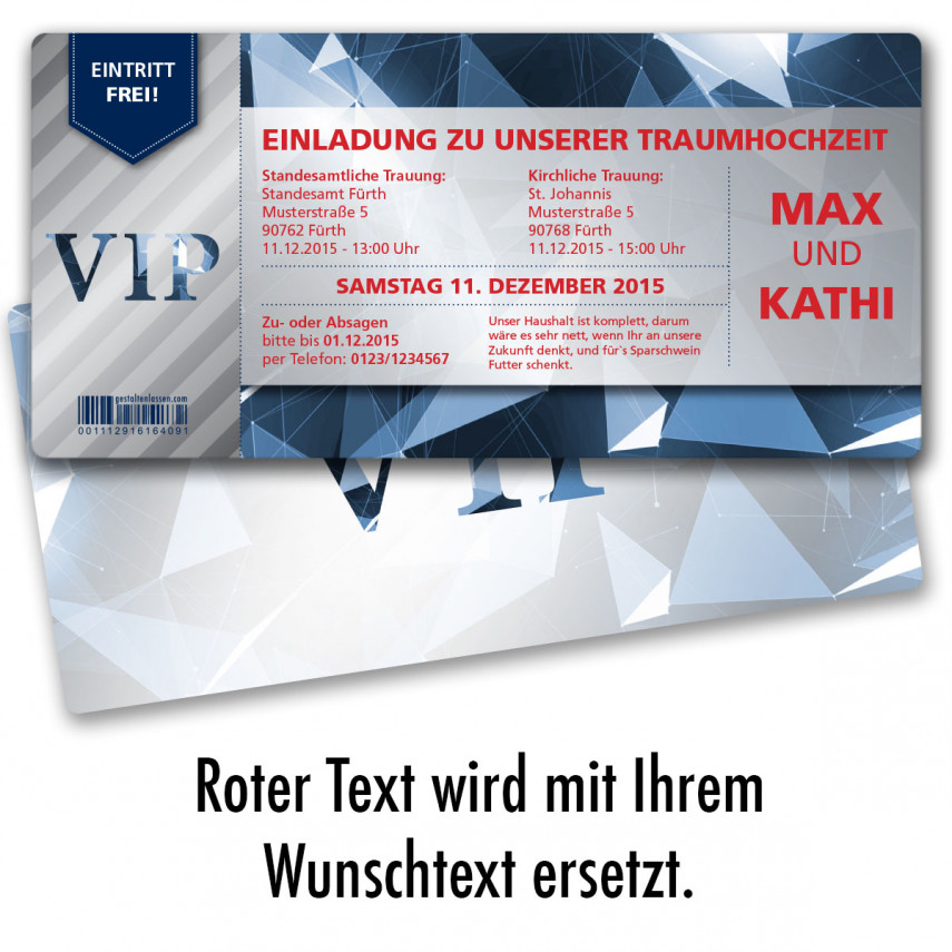 Hochzeitskarten als VIP Eintrittskarte online gestalten